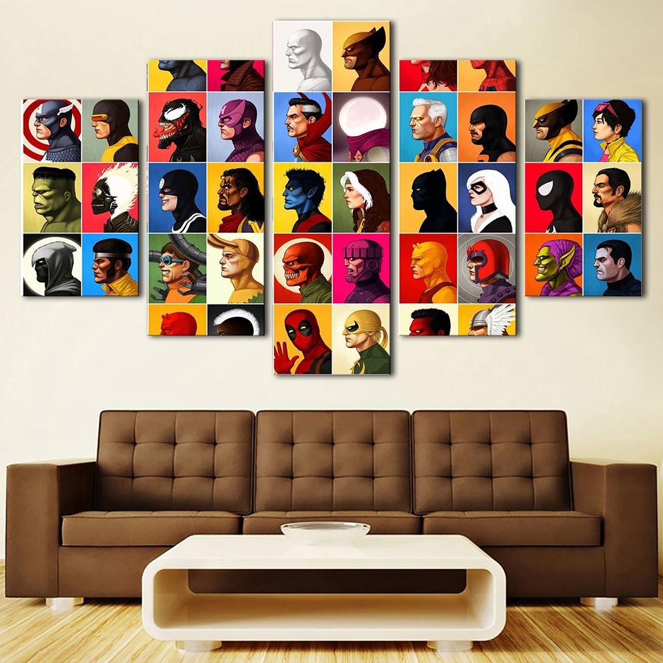 Large Framed Comic Book Characters 5 Piece Canvas Print Wall Art Home ...